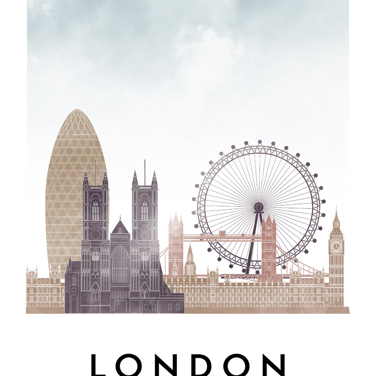 London Skylines Poster, Watercolor style Skylines Poster – UK Custom Posters