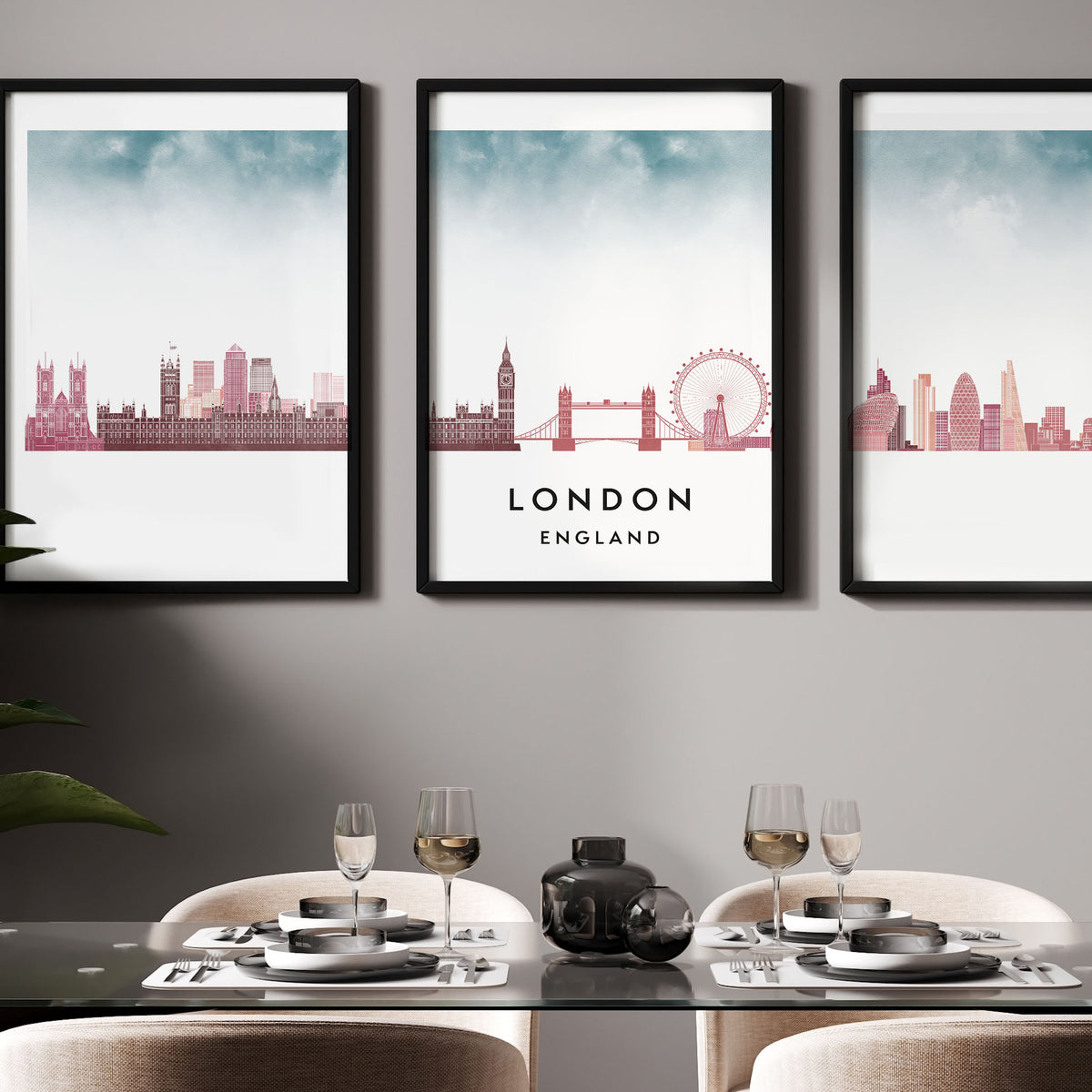 Classic London Silhouette Triptych in Watercolor Style, London Skyline Poster, London Set of 3 ...