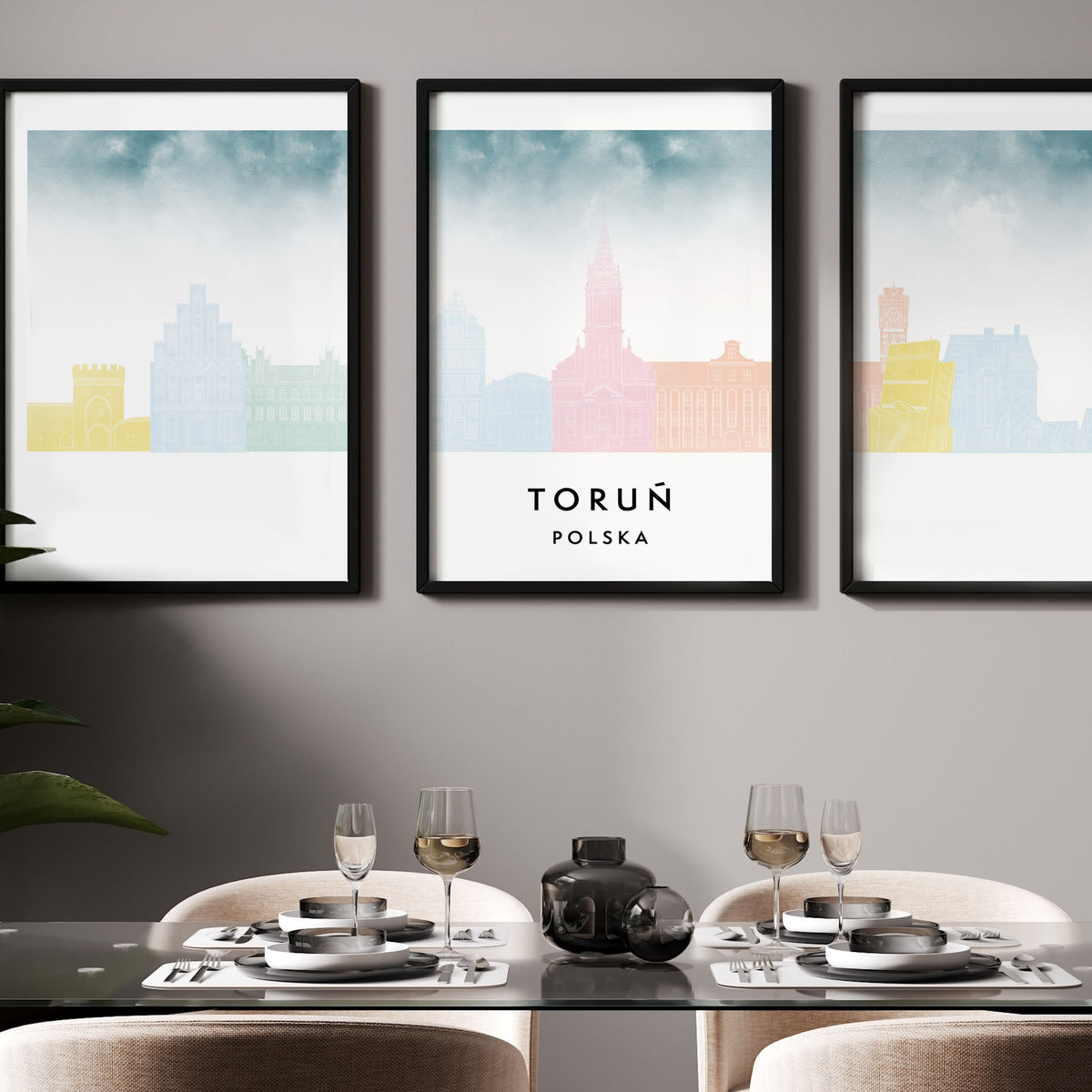 Torun Silhouette Triptych in Watercolor Style, Torun Skyline Poster, Torun Set of 3 Posters ...