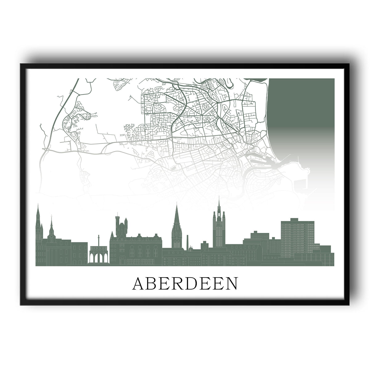 Aberdeen Skylines Poster, Horizontal Poster With a Map – UK Custom Posters