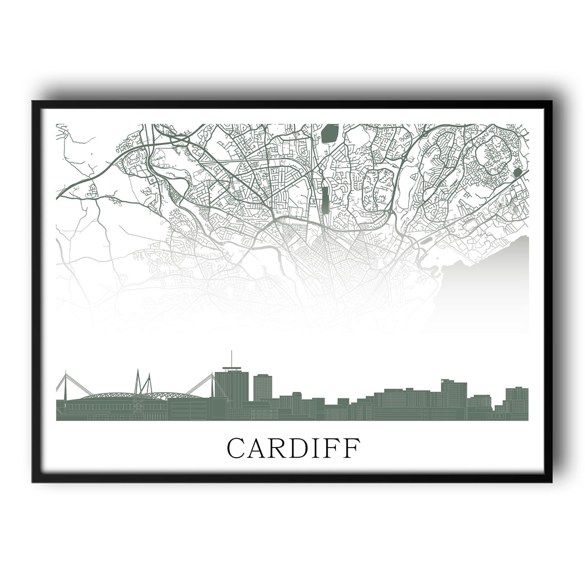 Cardiff Skylines Poster, Horizontal Poster With a Map – UK Custom Posters