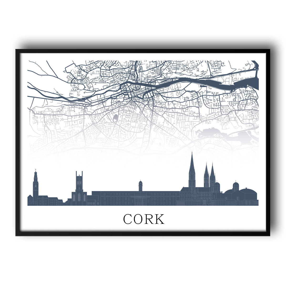 Cork Skylines Poster, Horizontal Poster With a Map – UK Custom Posters