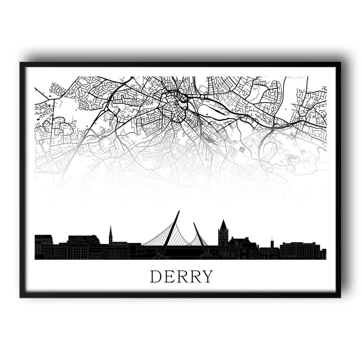 Derry Skylines Poster, Horizontal Poster With a Map – UK Custom Posters