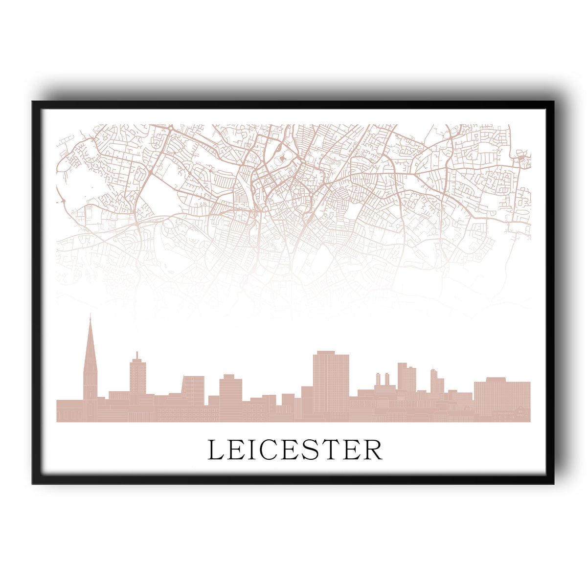 Leicester Skylines Poster, Horizontal Poster With a Map – UK Custom Posters