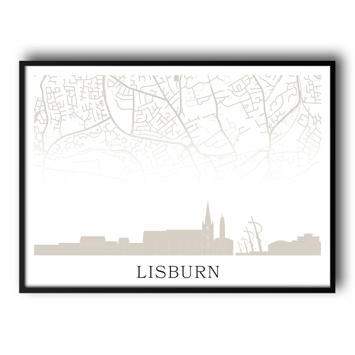 Lisburn Skylines Poster, Horizontal Poster With a Map – UK Custom Posters