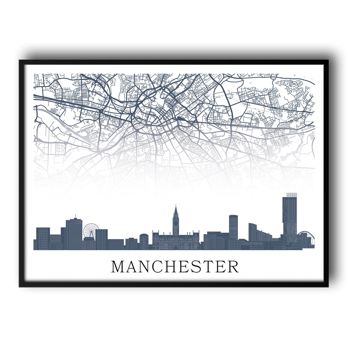 Manchester Skylines Poster, Horizontal Poster With a Map – UK Custom Posters