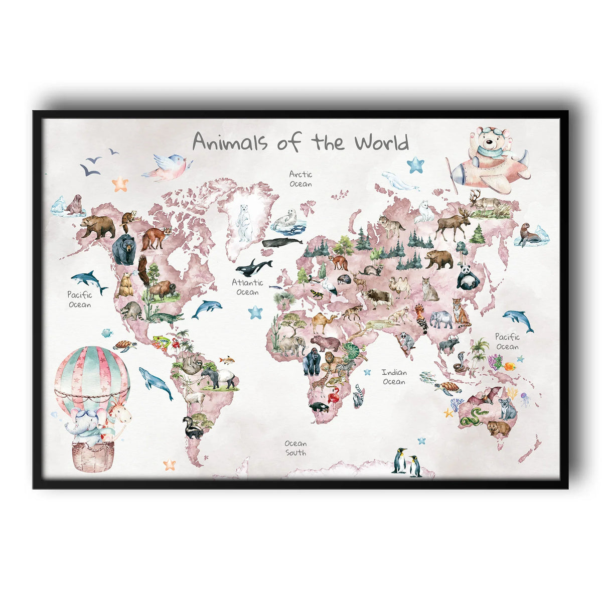 Cartoon Animal World Map Poster for Kids – UK Custom Posters