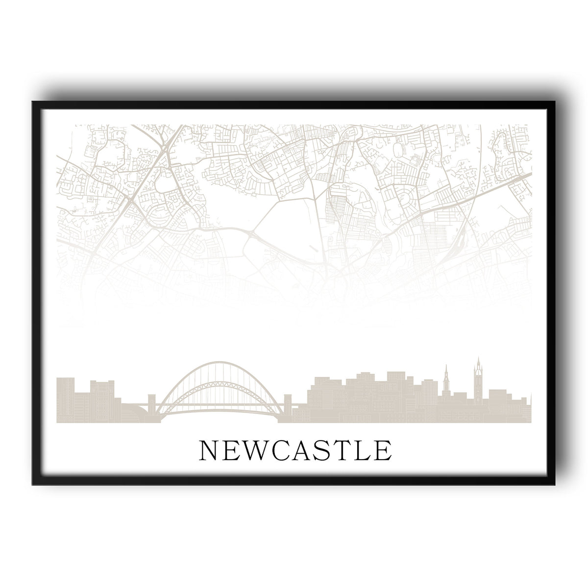 Newcastle Skylines Poster, Horizontal Poster With a Map – UK Custom Posters