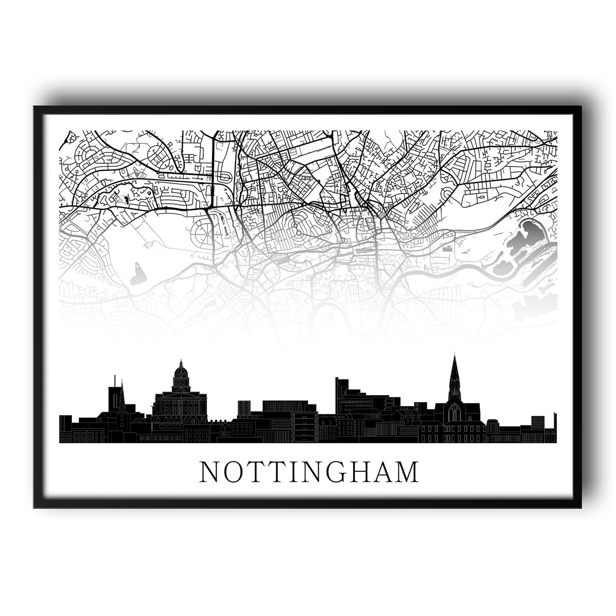 Nottingham Skylines Poster, Horizontal Poster With a Map – UK Custom Posters