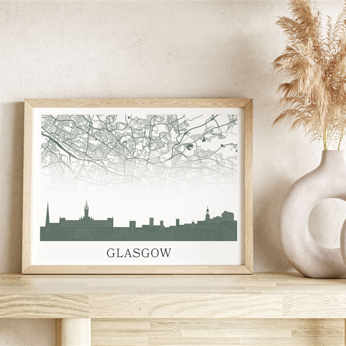 Glasgow Skylines Poster, Horizontal Poster With a Map – UK Custom Posters
