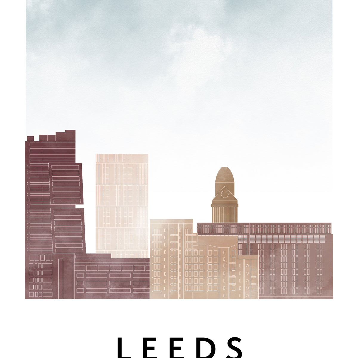 Leeds Skylines Poster, Watercolor style Skylines Poster – UK Custom Posters