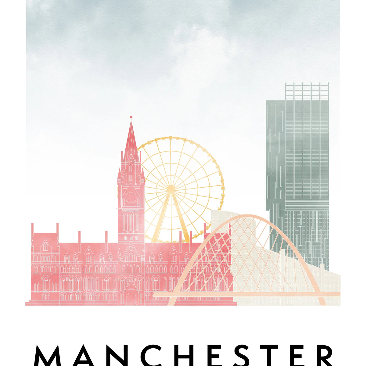 Manchester Skylines Poster, Watercolor style Skylines Poster – UK ...