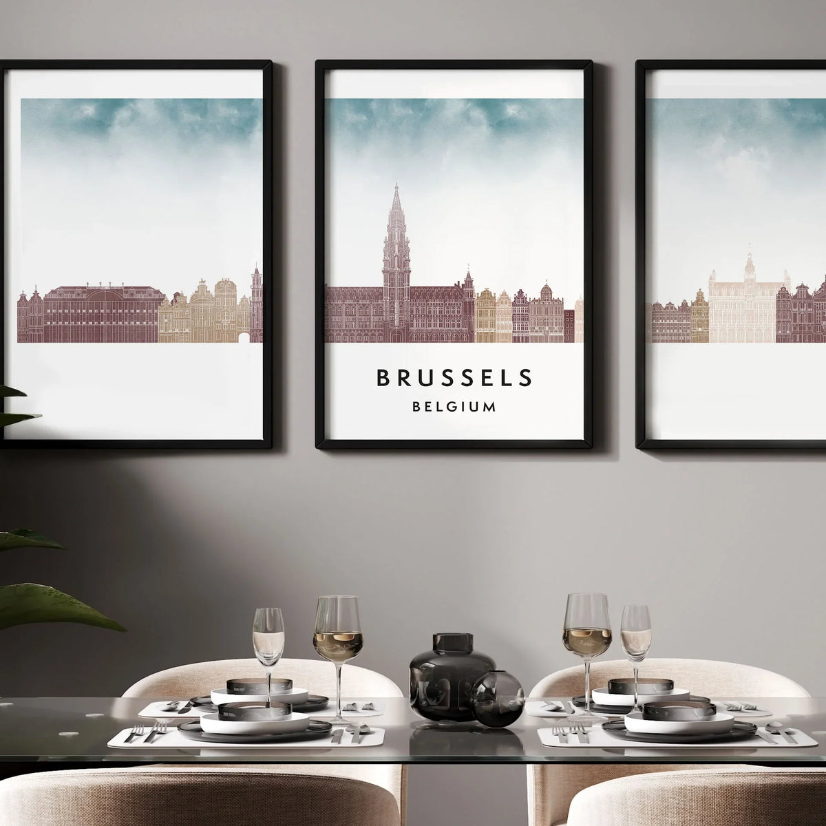 Brussels Silhouette Triptych in Watercolor Style, Brussels Skyline ...