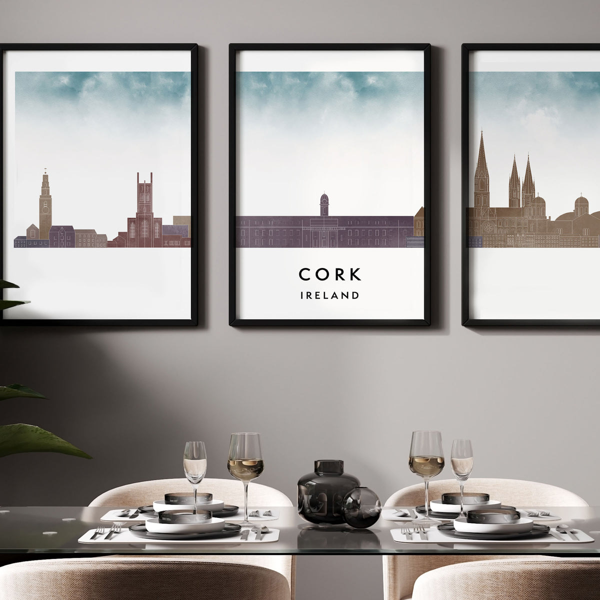 Cork Silhouette Triptych in Watercolor Style, Cork Skyline Poster, Cork ...