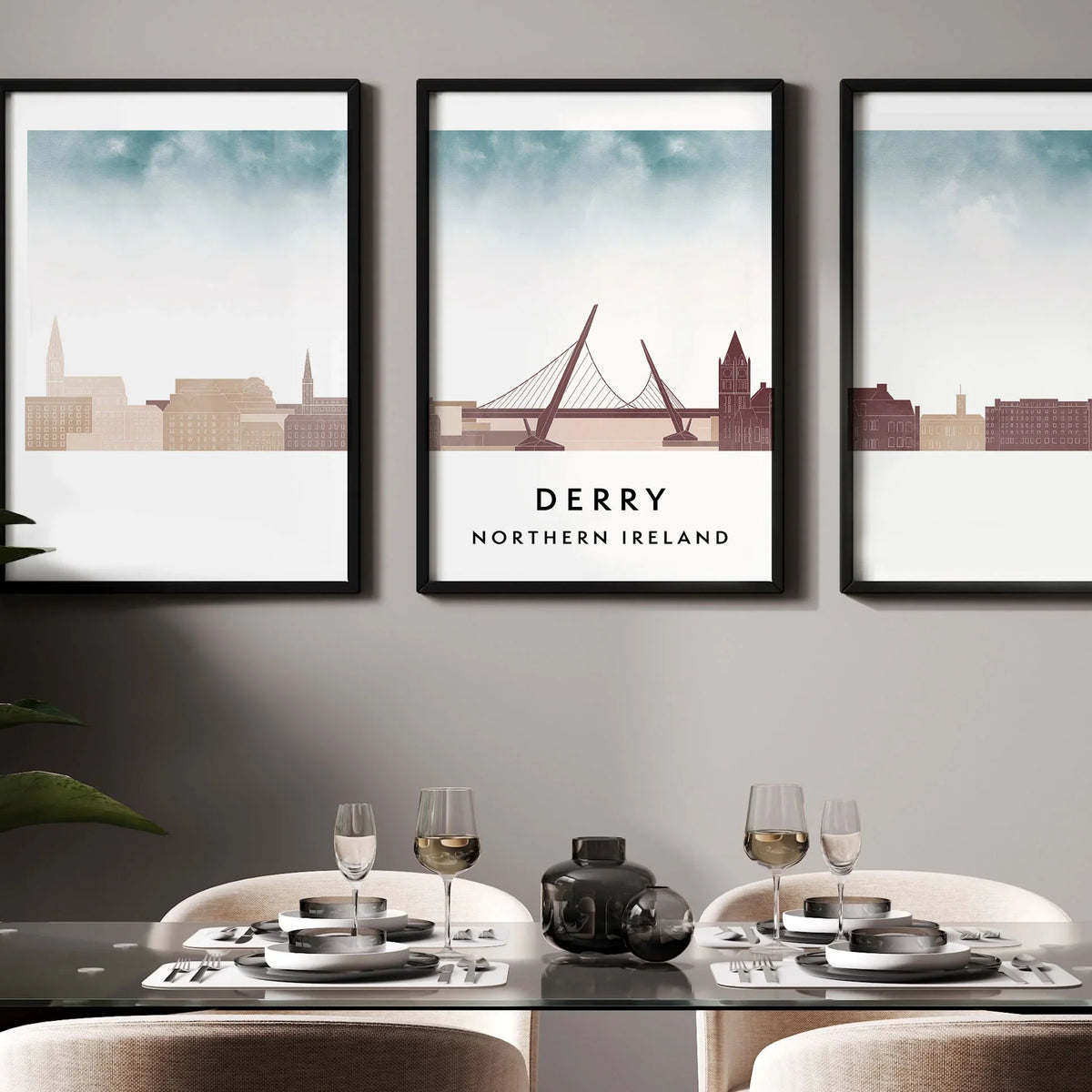 Classic Derry Silhouette Triptych in Watercolor Style, Derry Skyline ...