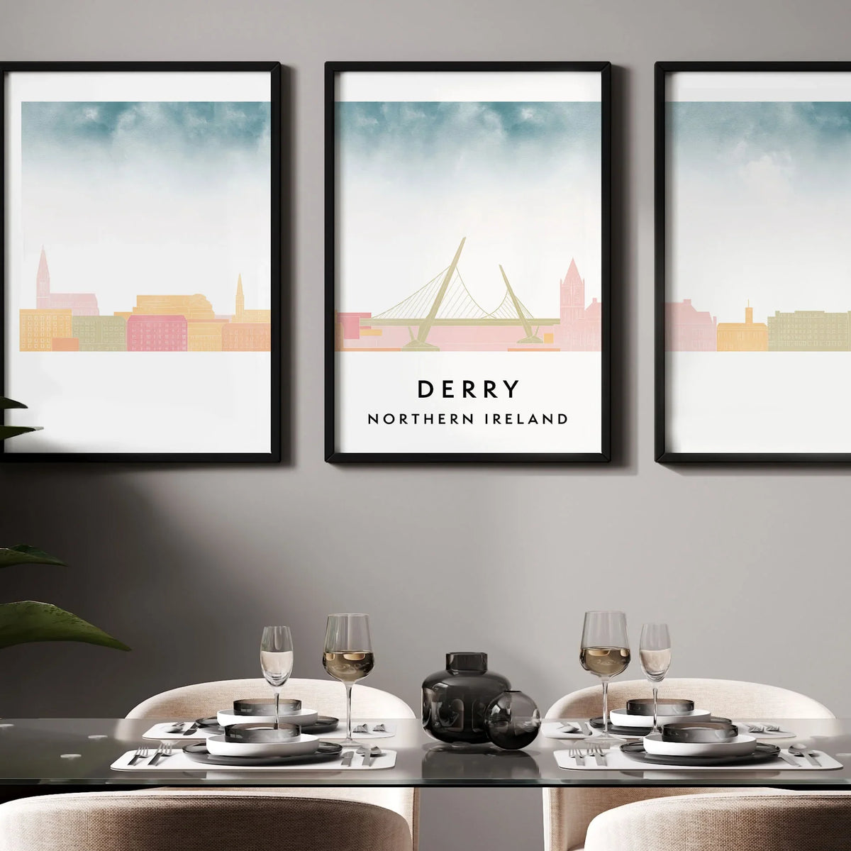 Classic Derry Silhouette Triptych in Watercolor Style, Derry Skyline ...