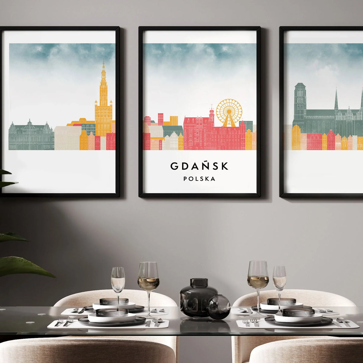 Elegant Gdansk Silhouette Triptych in Watercolor Style, Gdansk Skyline ...