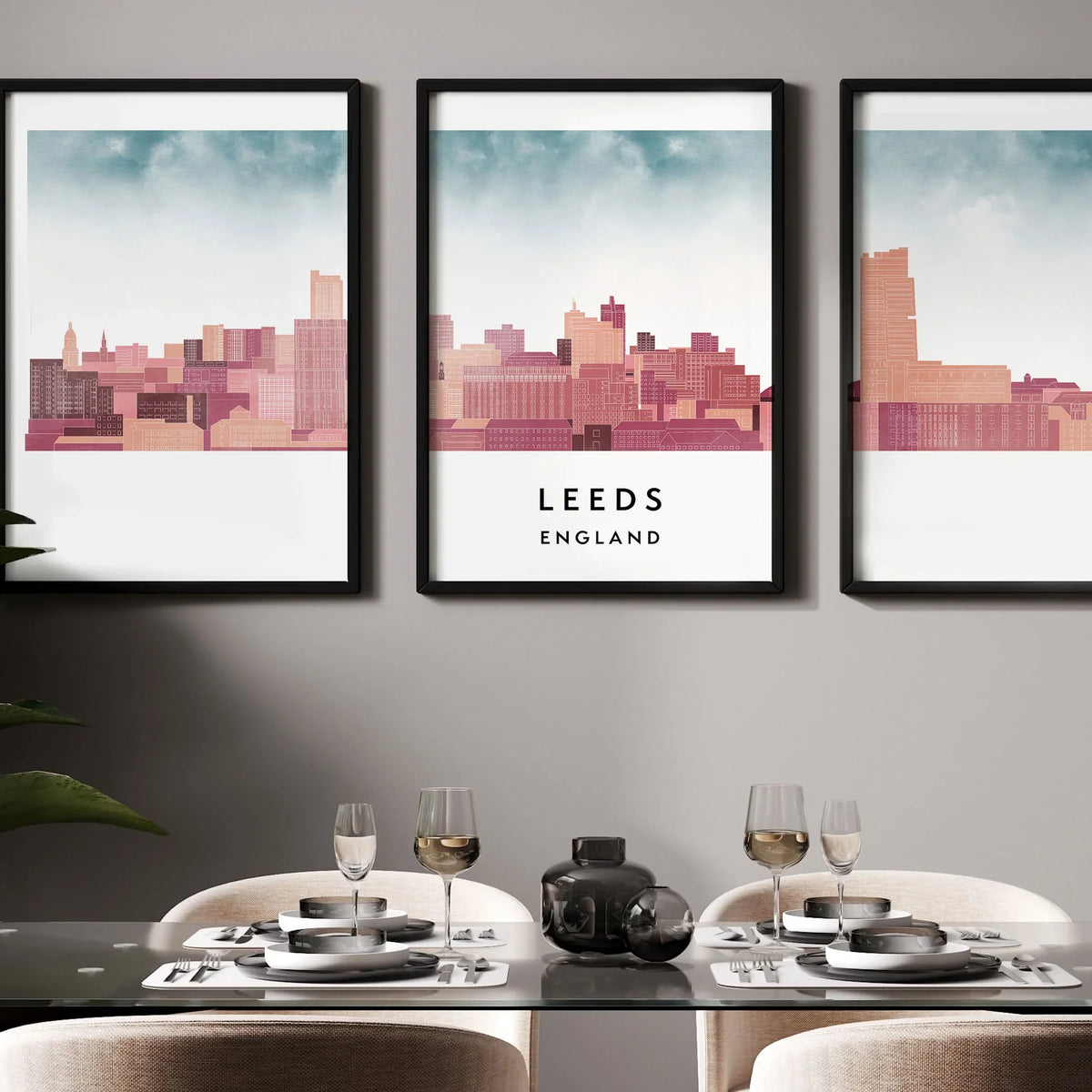 Leeds Silhouette Triptych in Watercolor Style, Leeds Skyline Poster ...