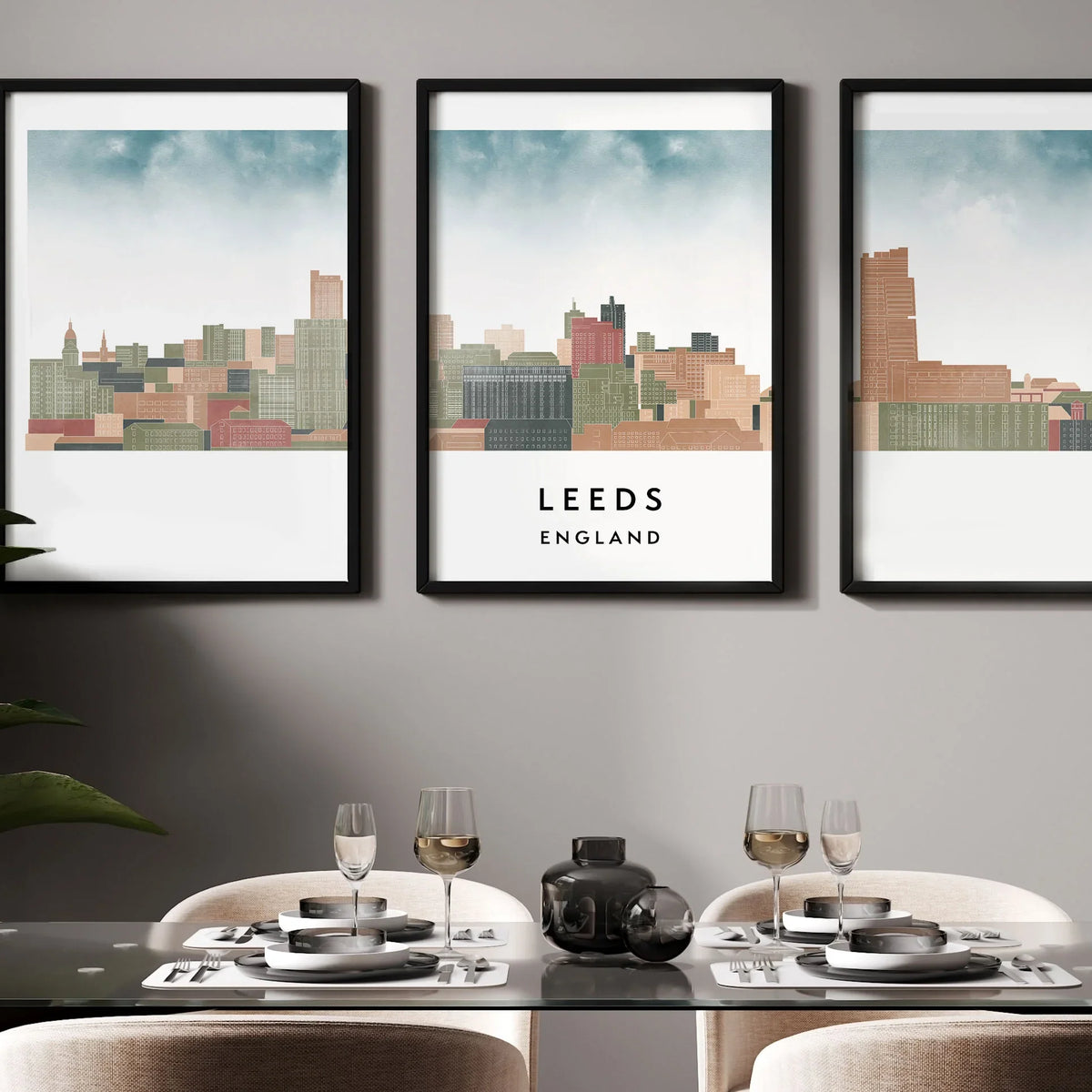 Leeds Silhouette Triptych in Watercolor Style, Leeds Skyline Poster ...