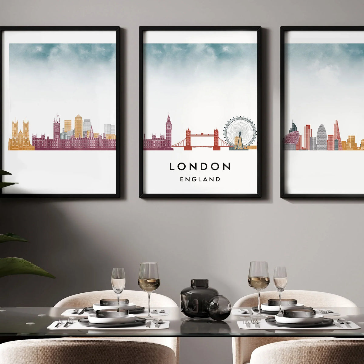 Classic London Silhouette Triptych in Watercolor Style, London Skyline ...