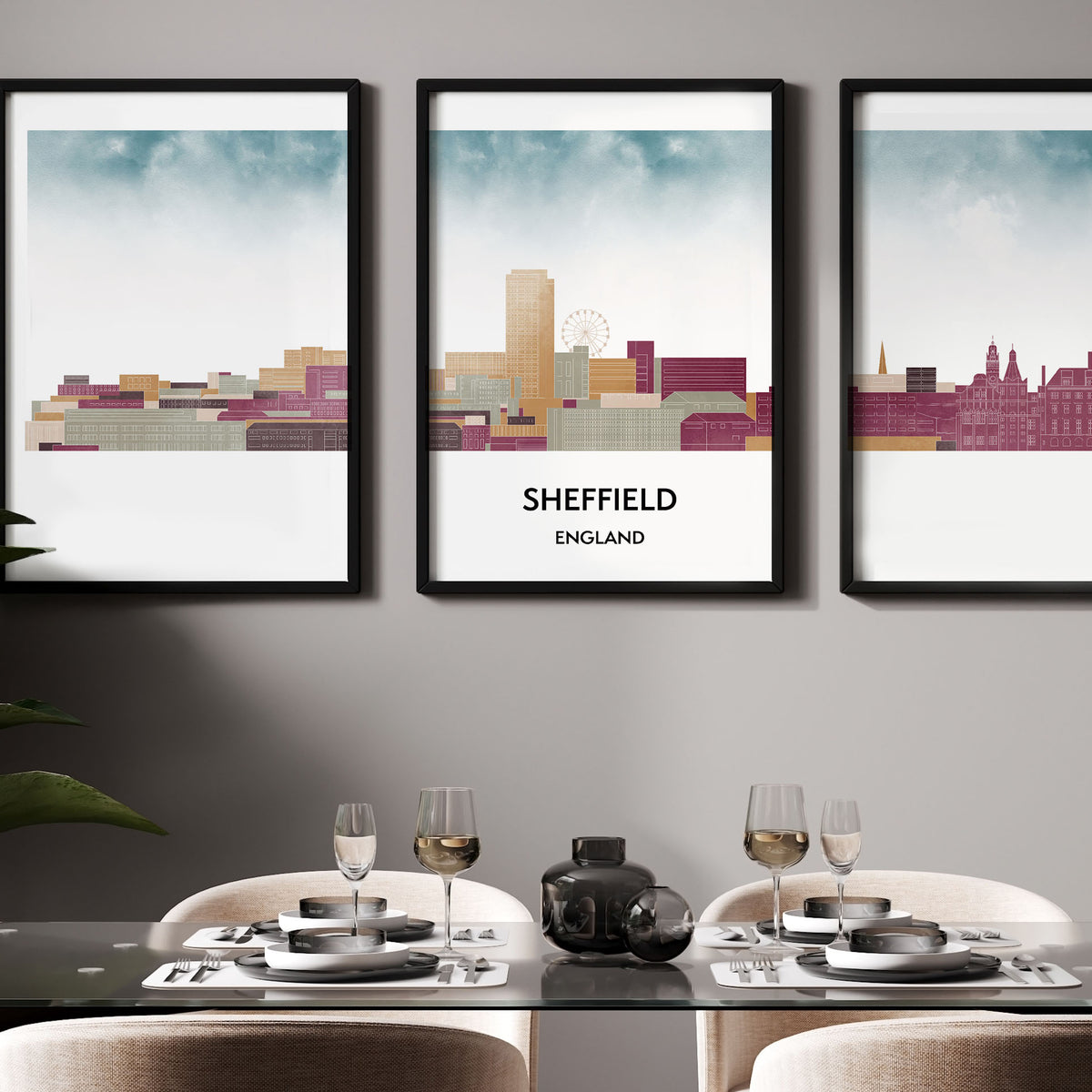 Sheffield Silhouette Triptych in Watercolor Style, Sheffield Skyline ...