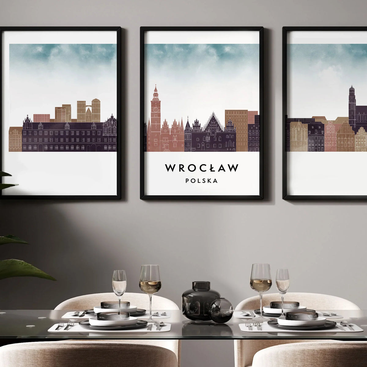 Wrocław Silhouette Triptych in Watercolor Style, Wrocław Skyline Poster ...