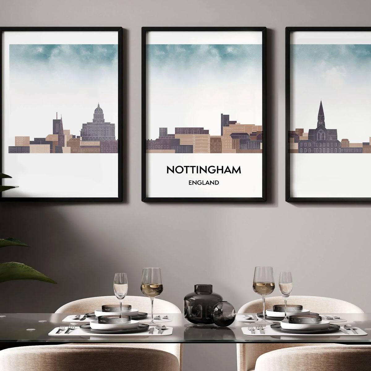 Stylish Nottingham Silhouette Triptych in Watercolor Style, Nottingham ...