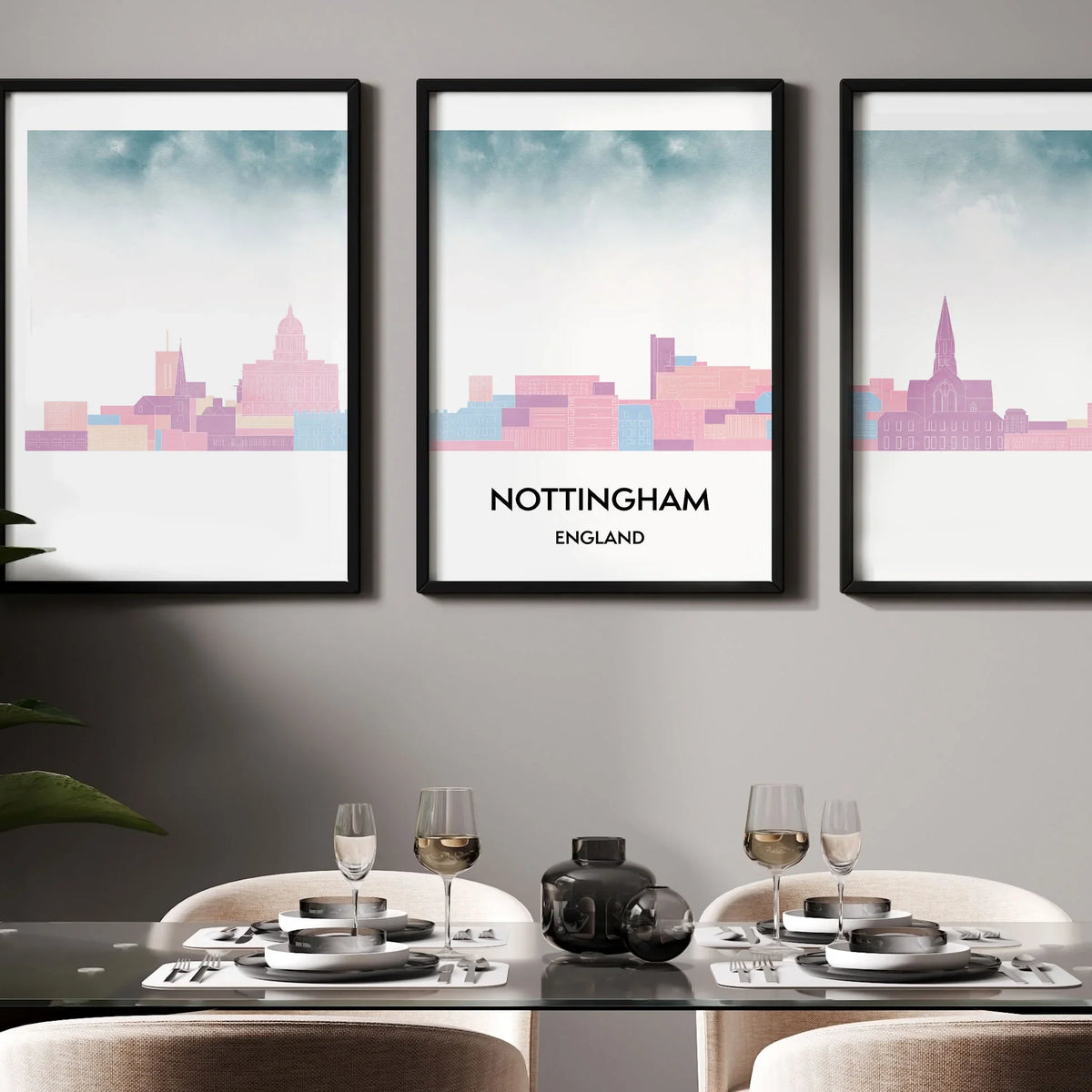 Stylish Nottingham Silhouette Triptych in Watercolor Style, Nottingham ...