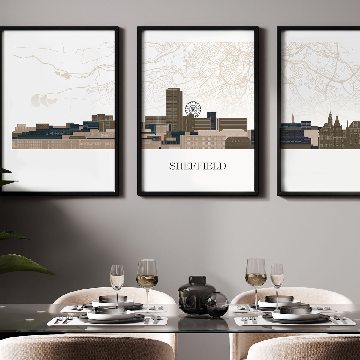 Sheffield Silhouette Triptych, Sheffield Skyline Poster with Map – Set ...
