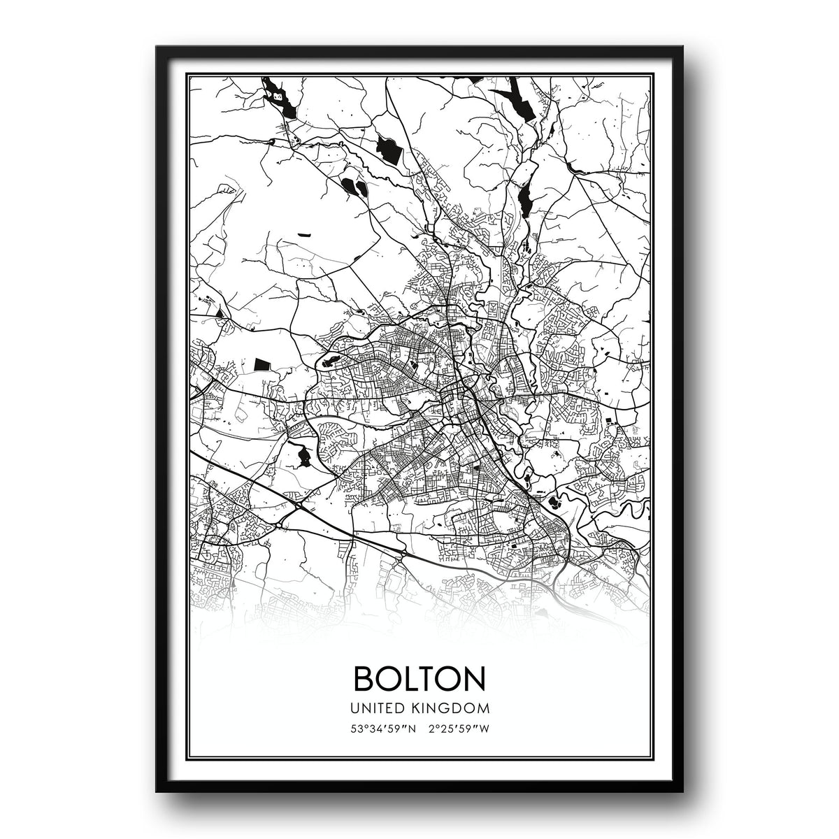 Bolton, UK Black and White Map Poster – UK Custom Posters