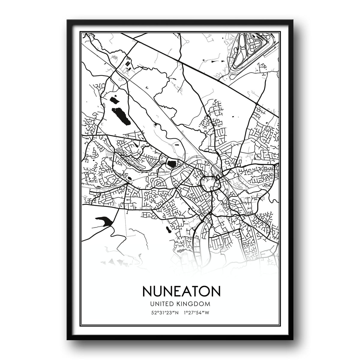 Nuneaton, UK Black and White Map Poster – UK Custom Posters