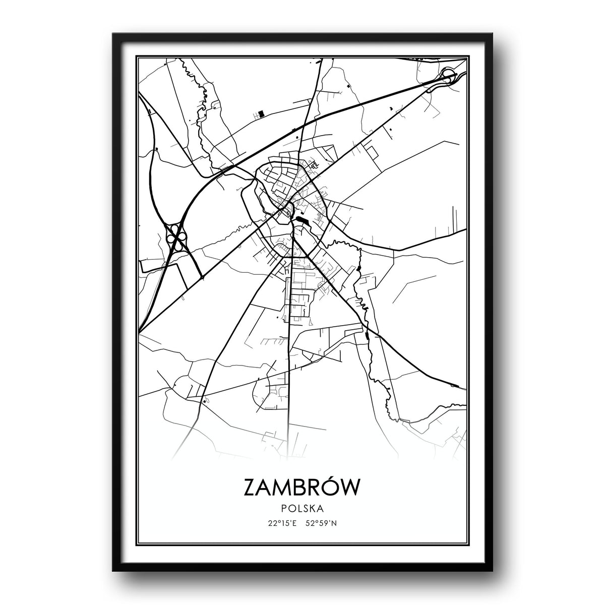 Zambrow, Poland Black and White Map Poster – UK Custom Posters