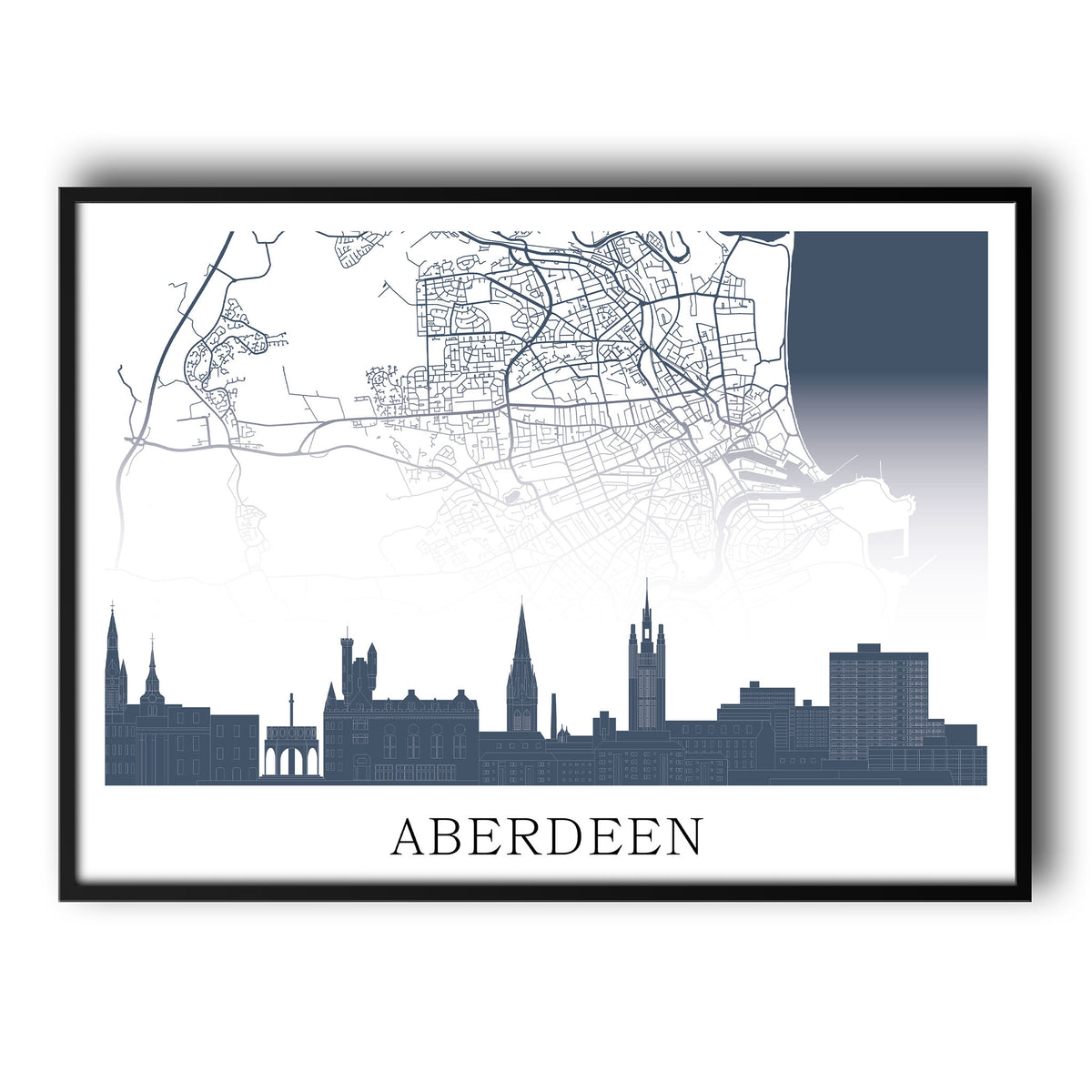Aberdeen Skylines Poster, Horizontal Poster With a Map – UK Custom Posters