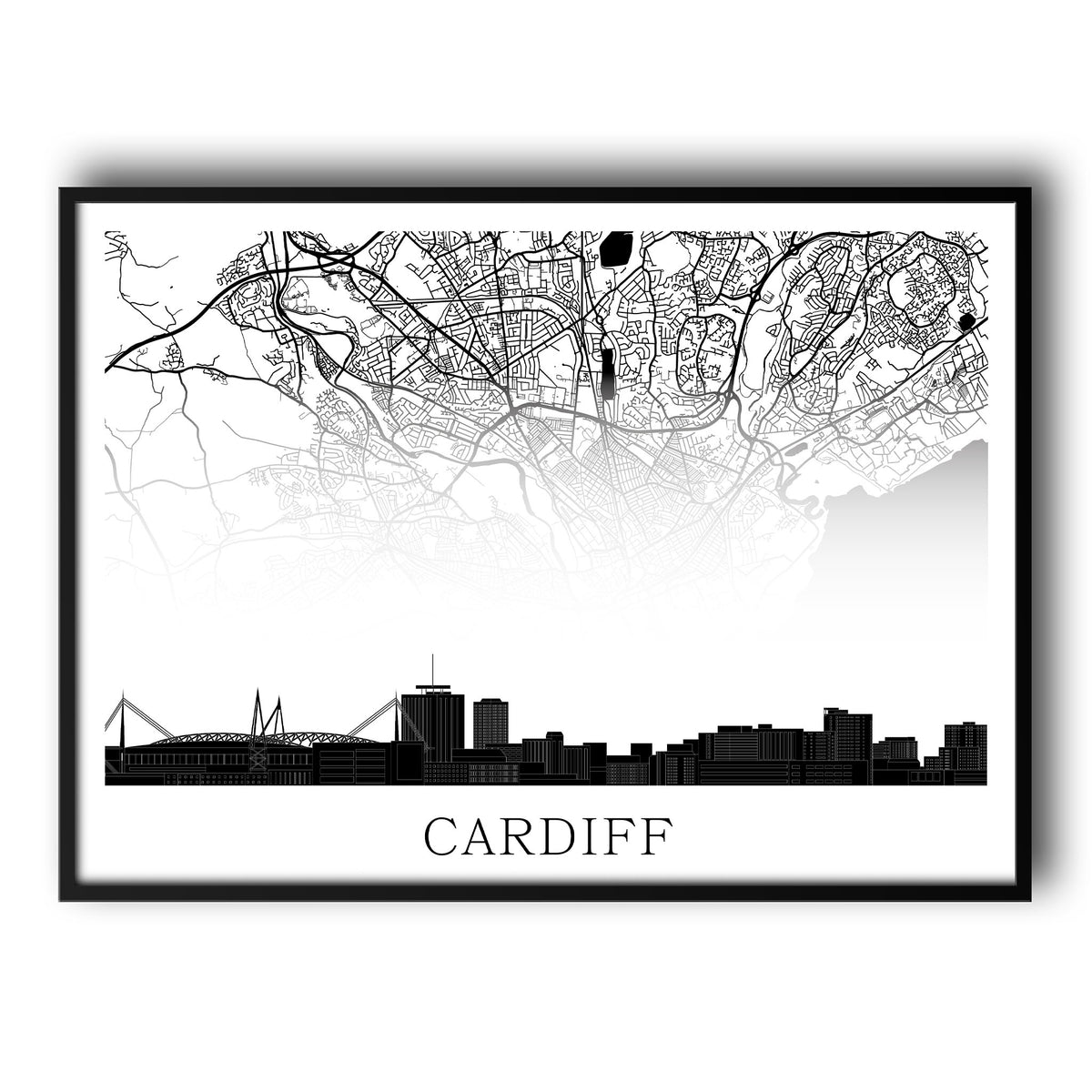 Cardiff Skylines Poster, Horizontal Poster With a Map – UK Custom Posters
