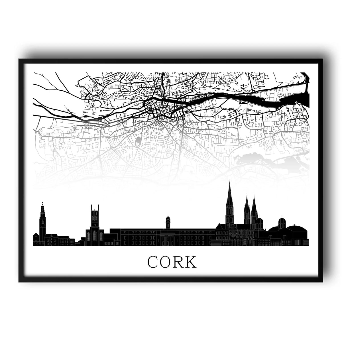 Cork Skylines Poster, Horizontal Poster With a Map – UK Custom Posters