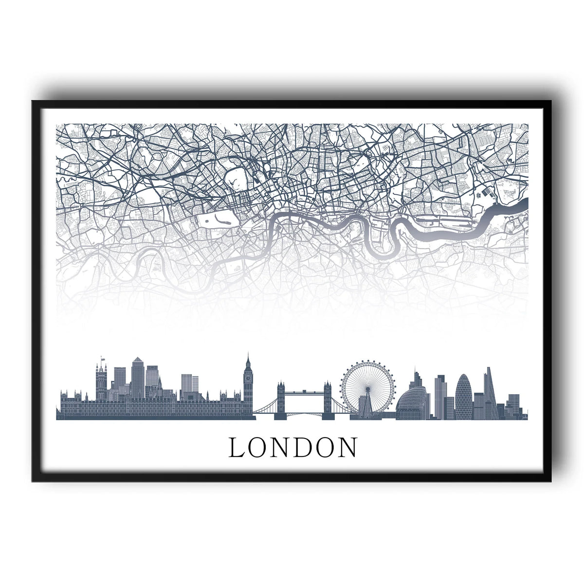 London Skylines Poster, Horizontal Poster With a Map – UK Custom Posters