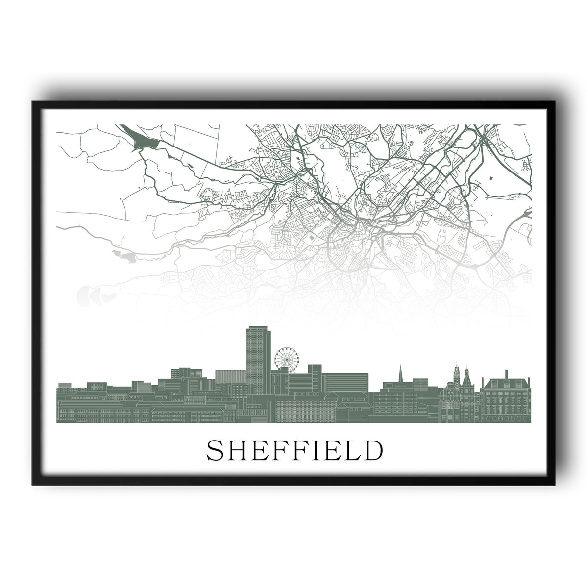 Sheffield Skylines Poster, Horizontal Poster With a Map – UK Custom Posters