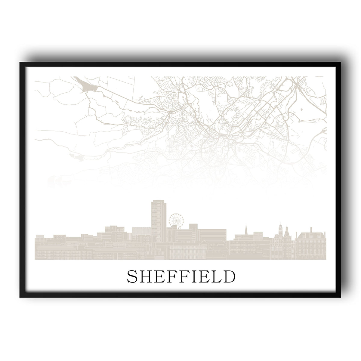 Sheffield Skylines Poster, Horizontal Poster With a Map – UK Custom Posters