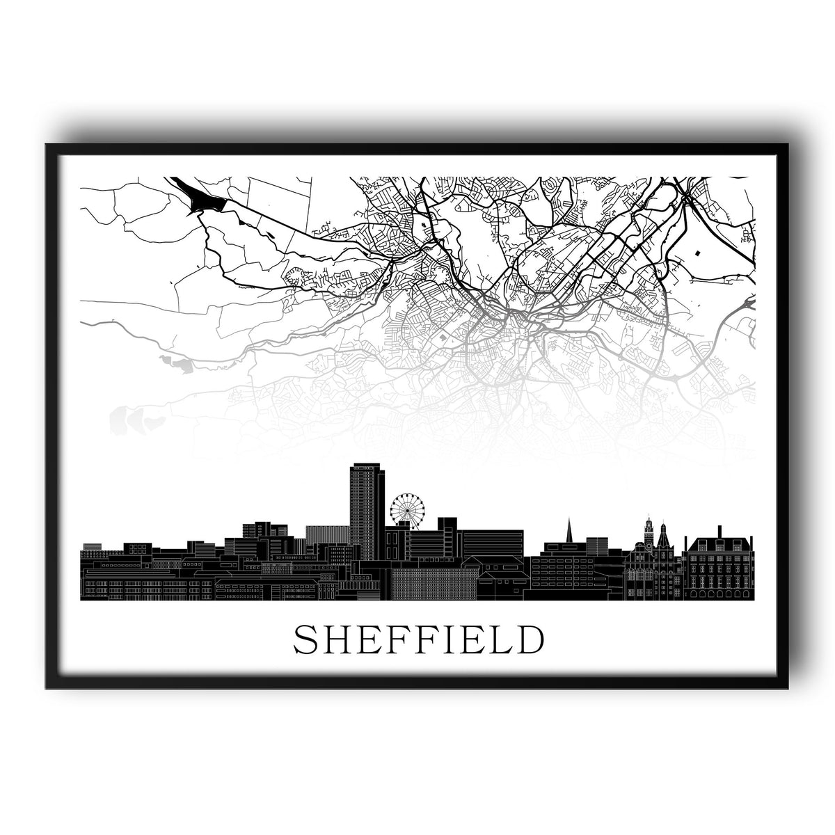 Sheffield Skylines Poster, Horizontal Poster With a Map – UK Custom Posters