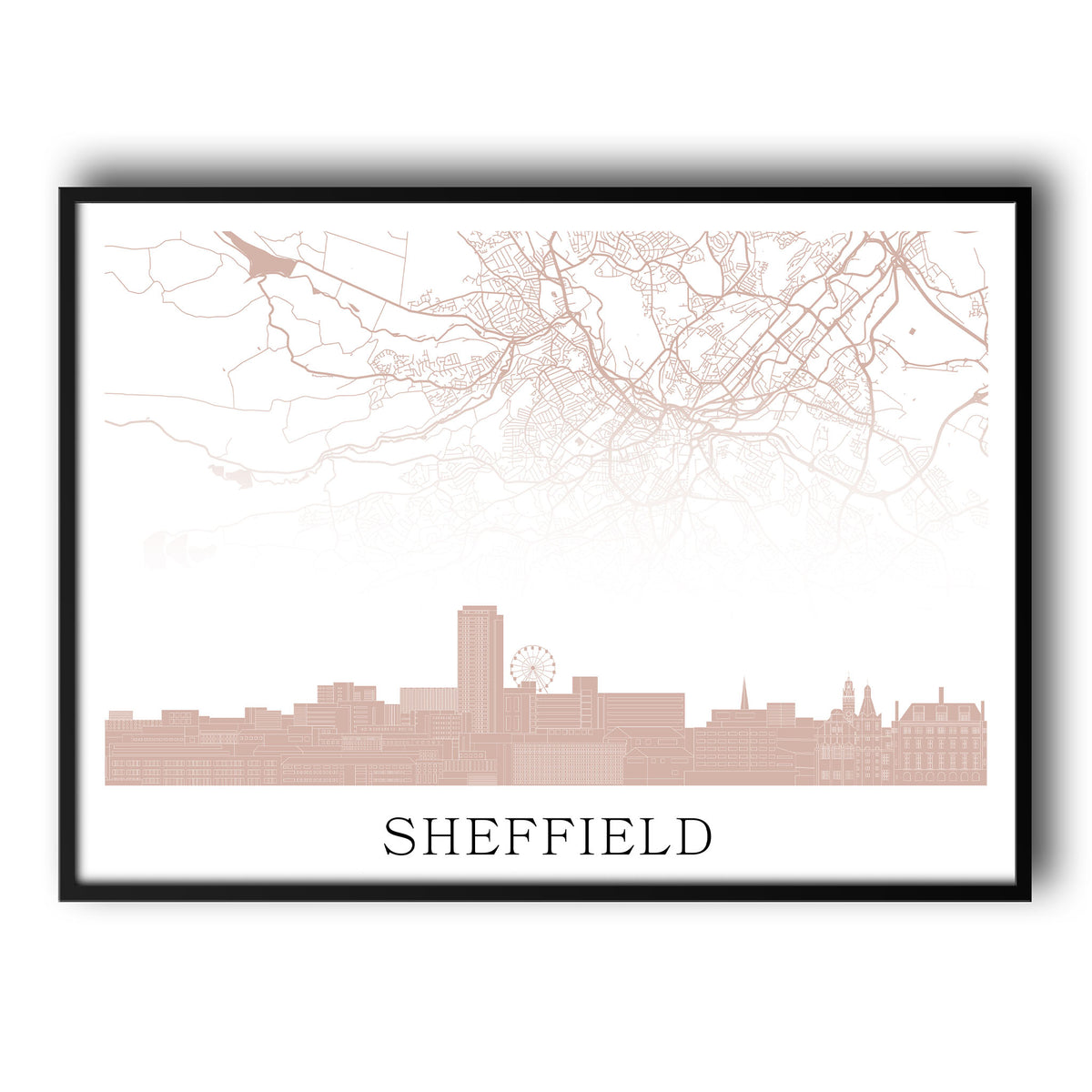 Sheffield Skylines Poster, Horizontal Poster With a Map – UK Custom Posters