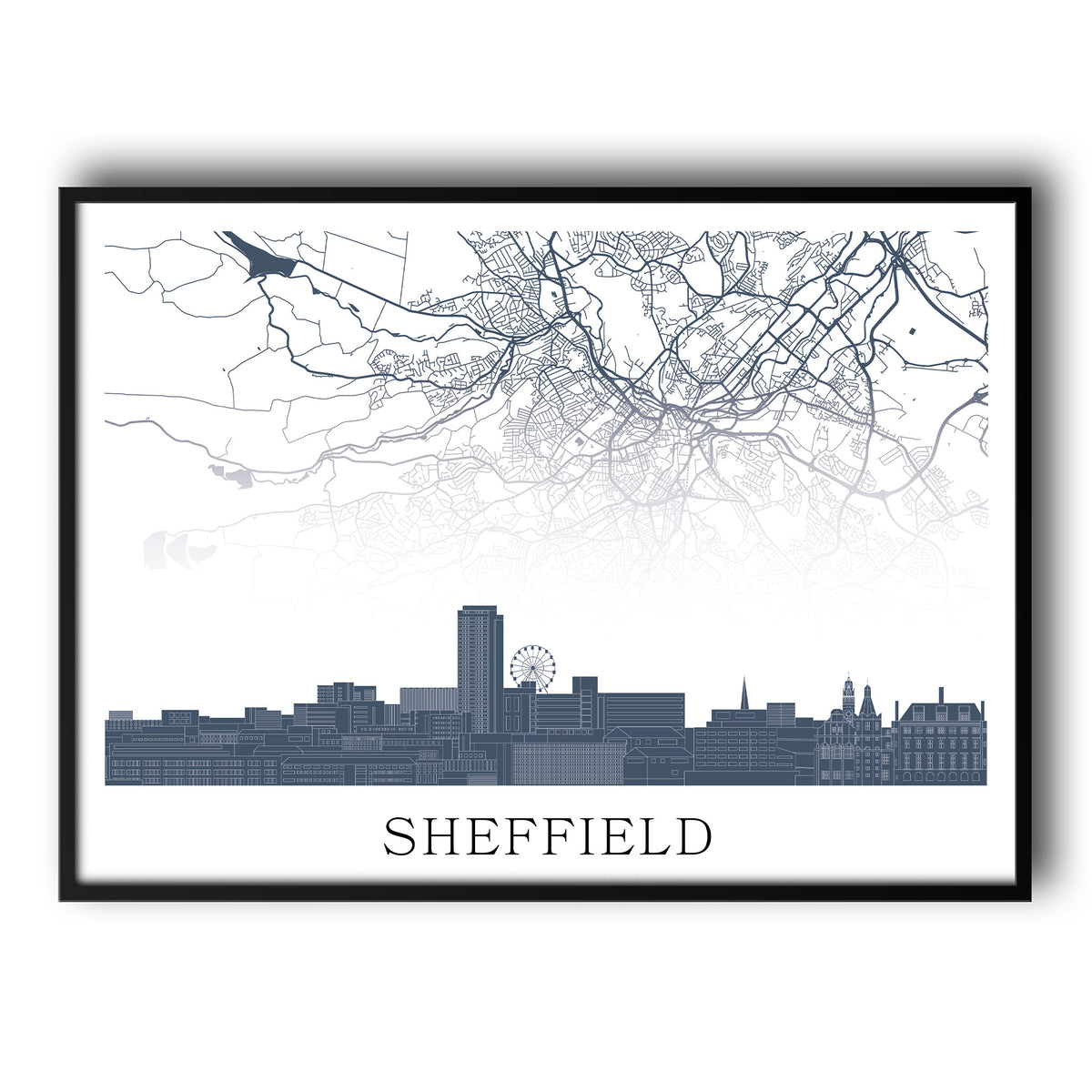 Sheffield Skylines Poster, Horizontal Poster With a Map – UK Custom Posters