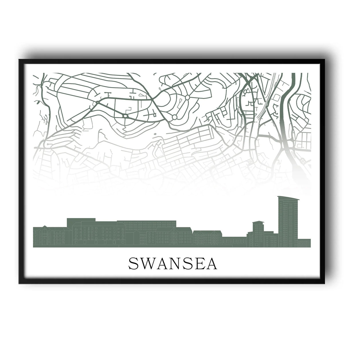 Swansea Skylines Poster, Horizontal Poster With a Map – UK Custom Posters